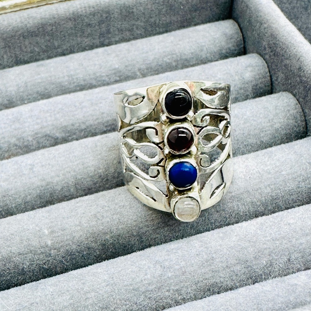 Silver Wide Multi Stone Modernist Ring - Gem